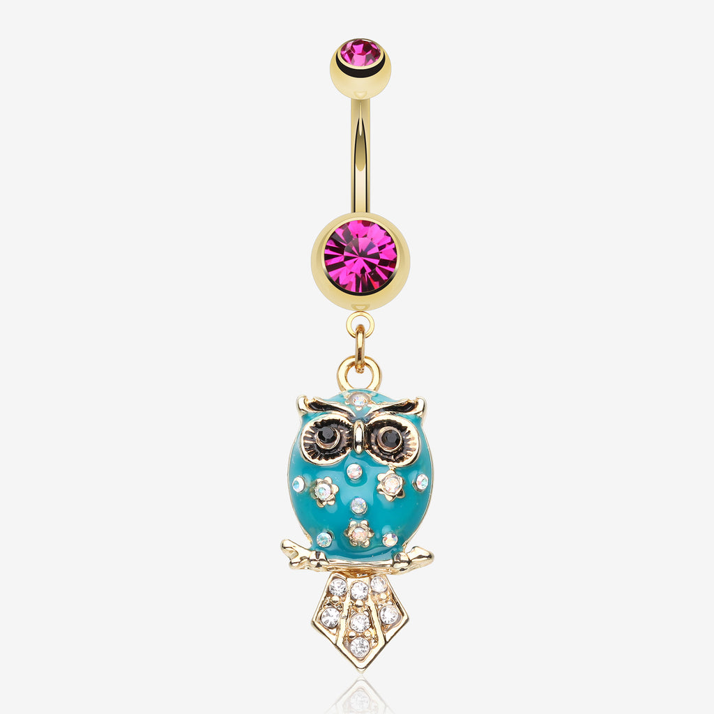 Golden Blossom Owl Belly Button Ring-Fuchsia/Teal - BM25.com