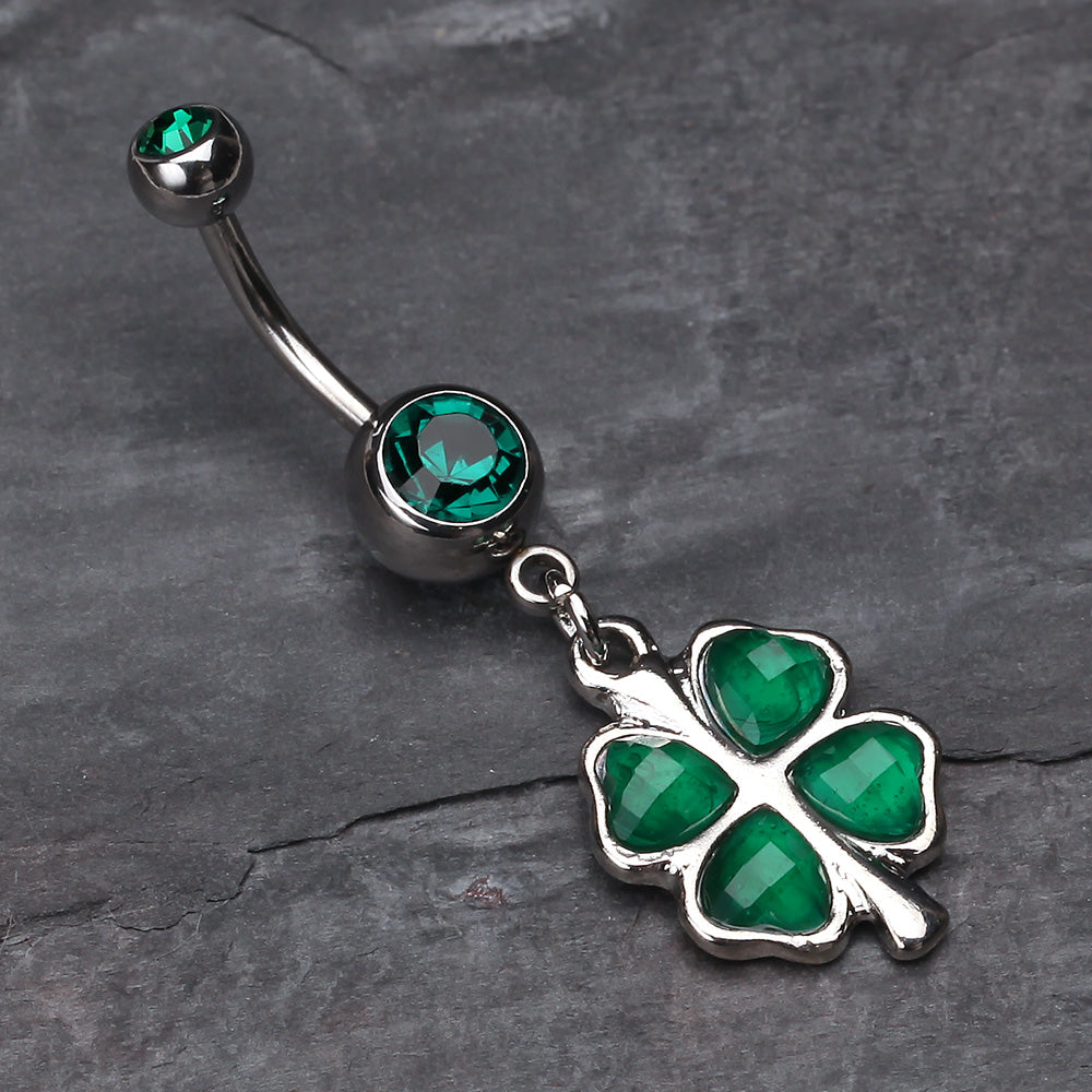 Lucky Four Leaf Clover Dangle Belly Ring-Dark Green - BM25.com