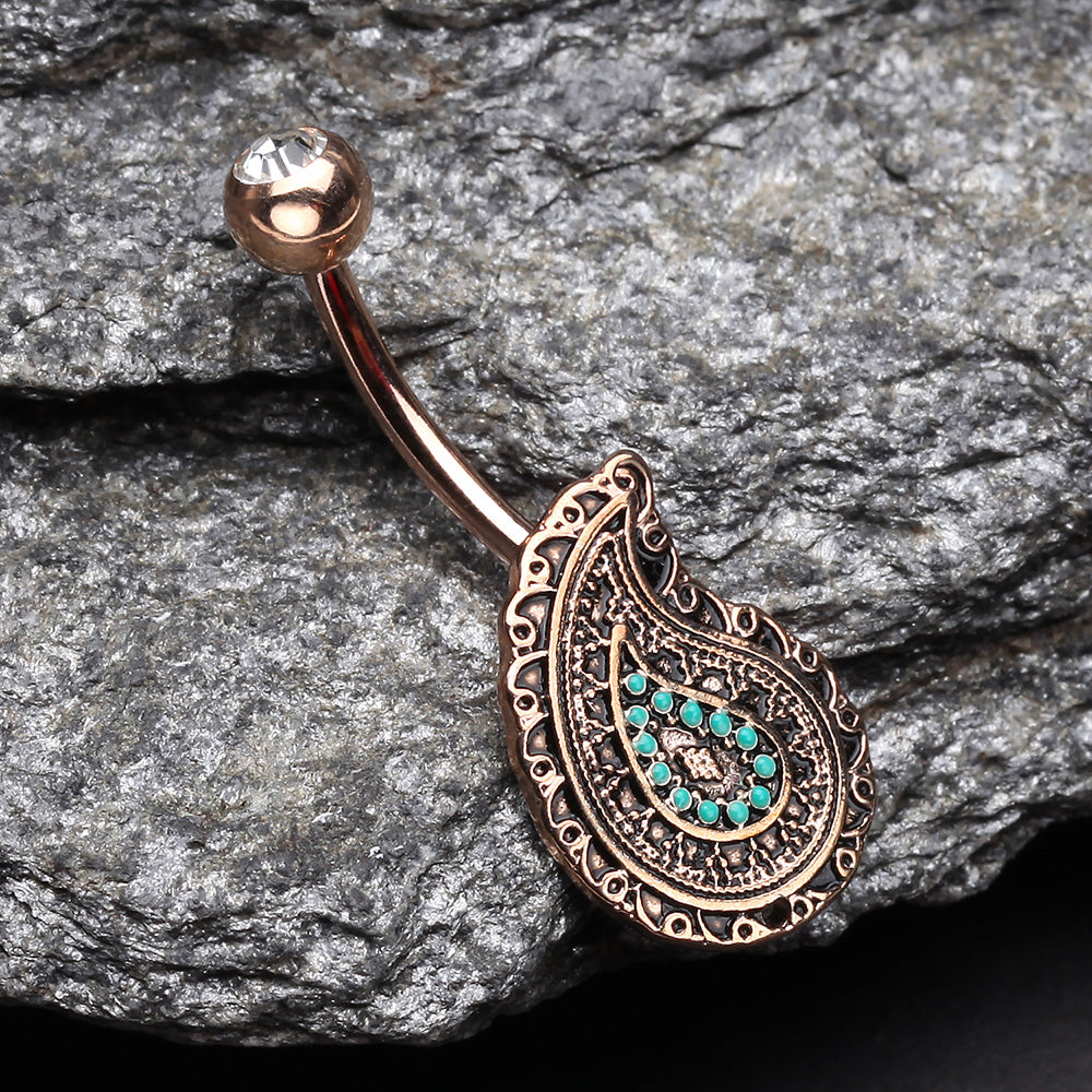 Rose Gold Vintage Boho Paisley Turquoise Belly Button Ring-Clear Gem ...