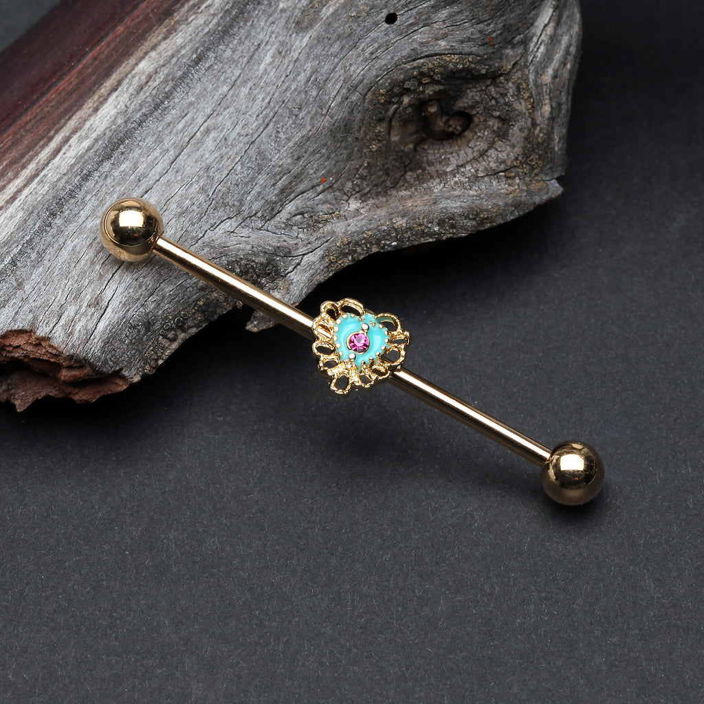 Golden Victorian Filigree Heart Sparkle Industrial Barbell-Turquoise ...