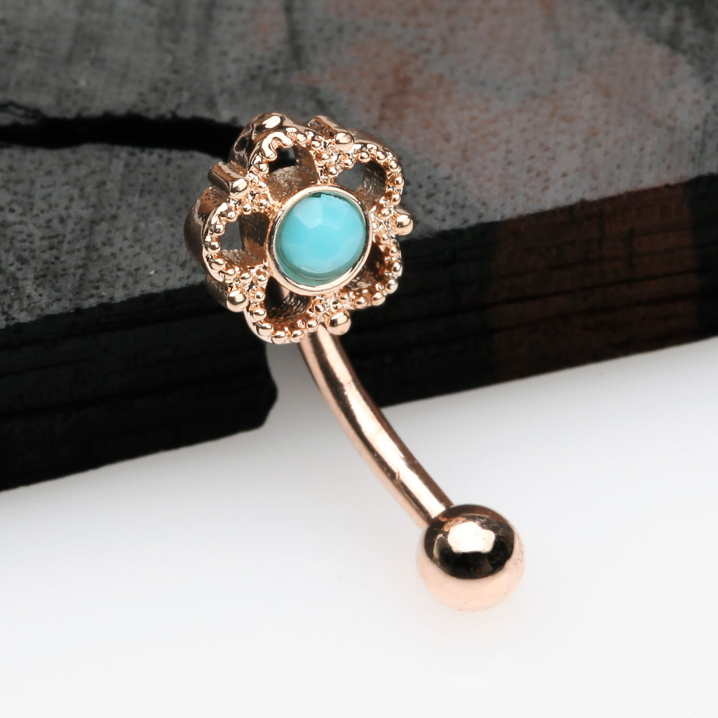 Rose Gold Bali Turquoise Filigree Flower Curved Barbell - BM25.com