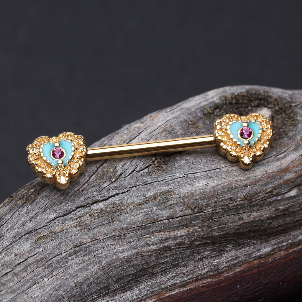 A Pair of Golden Victorian Filigree Heart Nipple Barbell-Fuchsia - BM25.com